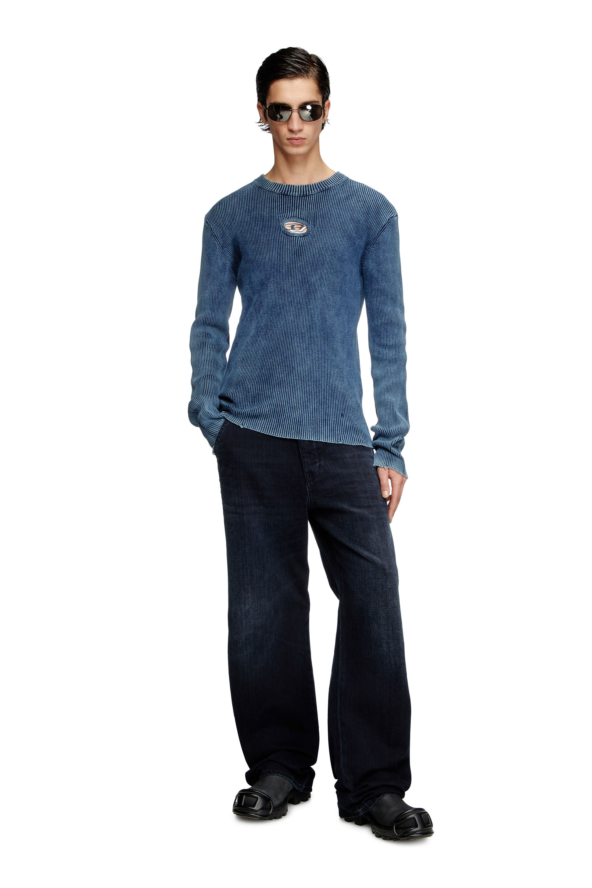 Men's Distressed jumper with cut-out logo | Blue | Diesel Men's Distressed jumper with cut-out logo | Blue | Diesel